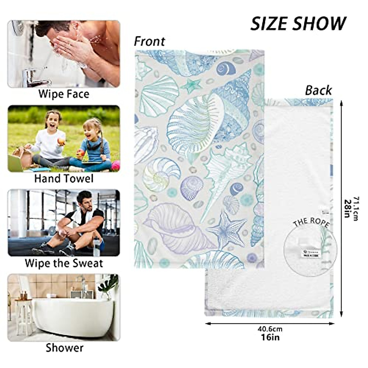 xigua Cartoon Seashell Hand Towels Set of 2 Pack - 16 x 28 Inches Extra Absorbent 100% Cotton Towels, Super Soft Hand Towel for Bathroom, Hotel, Kitchen, Gym