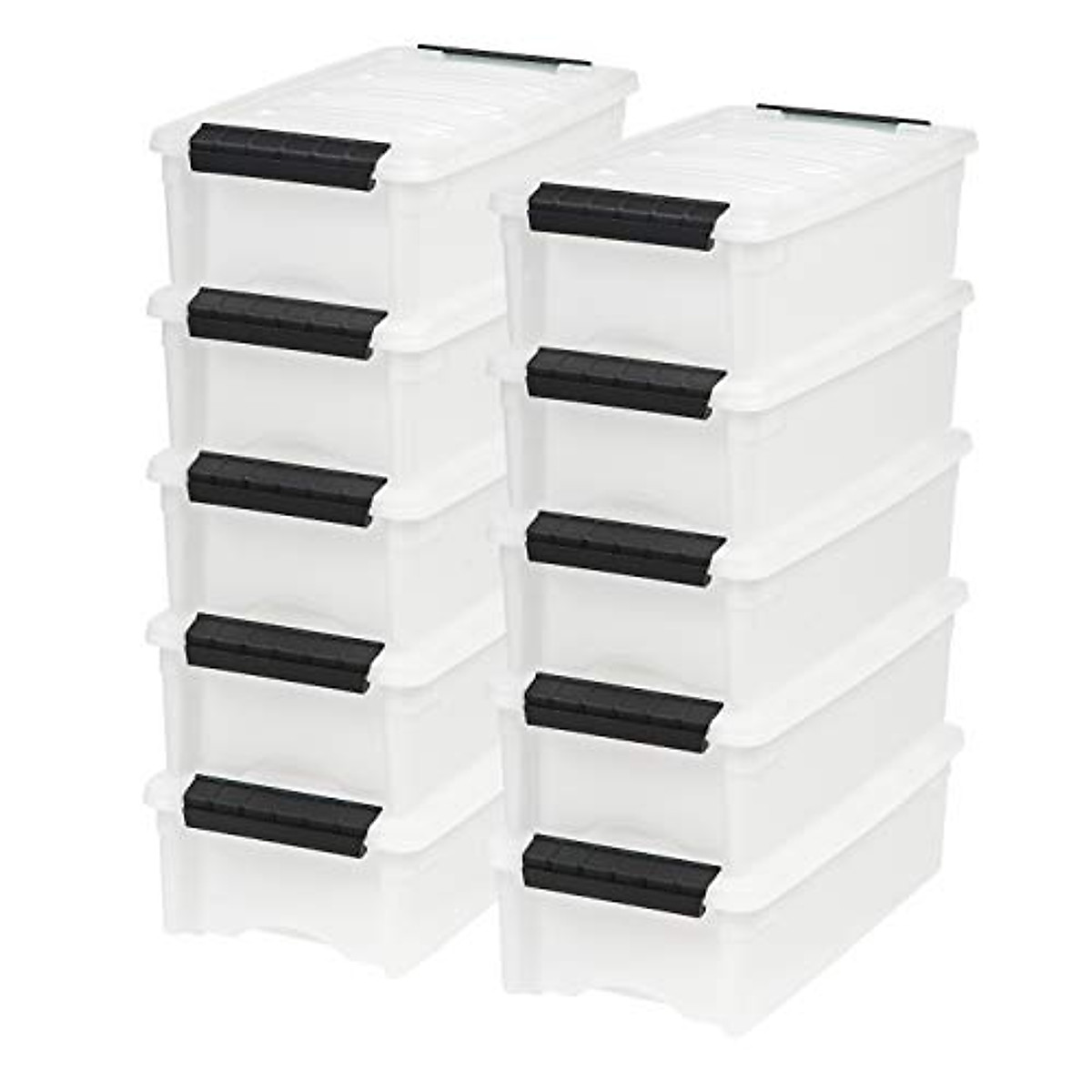 IRIS USA 6 Quart Stackable Plastic Storage Bins with Lids, 10 Pack - BPA-Free, Made in USA - Discreet Organizing Solution, Latches, Durable Nestable Containers, Secure Pull Handle - Pearl