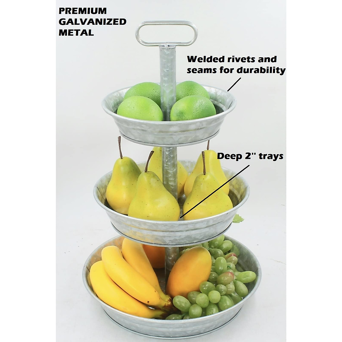 FRANK PRESSIE 3 Tiered Serving Stand Farmhouse Decor Galvanized Metal 3-Tiered Tray for Party Rustic Three Tier Grey Basket with 50pcs Tulip Cupcake Liners, Silver