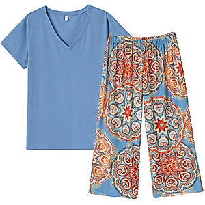 Vozanet Women's V Neck Sexy Pajamas Capri Sets Mexican Style Floral Sleepwear 2PCS Totem Casual Nighty Plus Size M to 5XL, Bohemia, XXX-Large