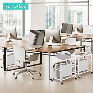 YBING Computer Tower Stand White PC Tower Stand 2 Tier CPU Holder Stand with Wheels Metal Mobile Computer Tower Cart Rolling PC Stand Floor for Fax Home Office