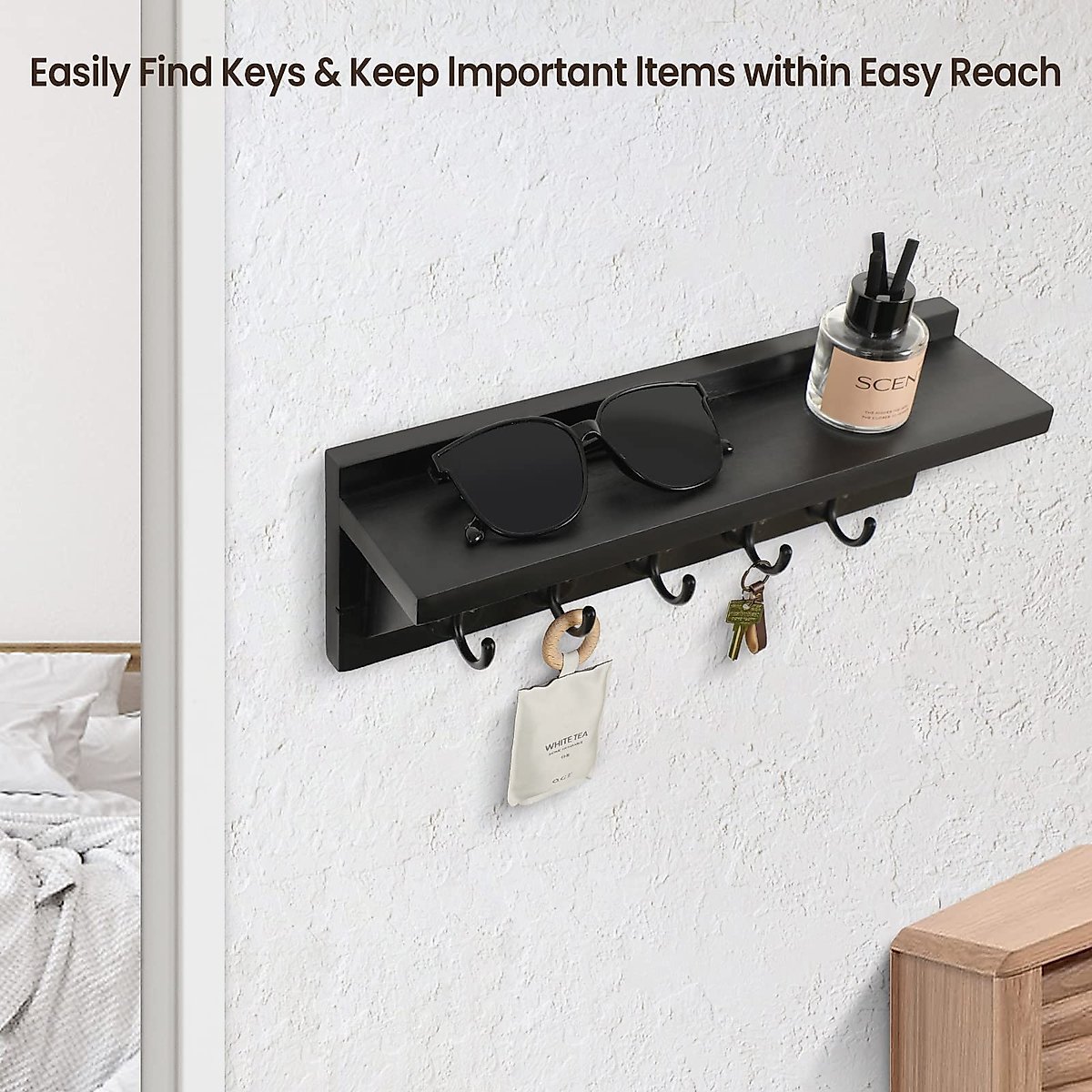 Lwenki Wall Key Holder with Shelf, Rustic Shelf with Hooks Made of Paulownia Wood Holds Keys, Dog Leash, Bags and More - 13.7" W x 4.7" H x 3.5" D Decorative Key Hanger and Entryway Shelf (Black)