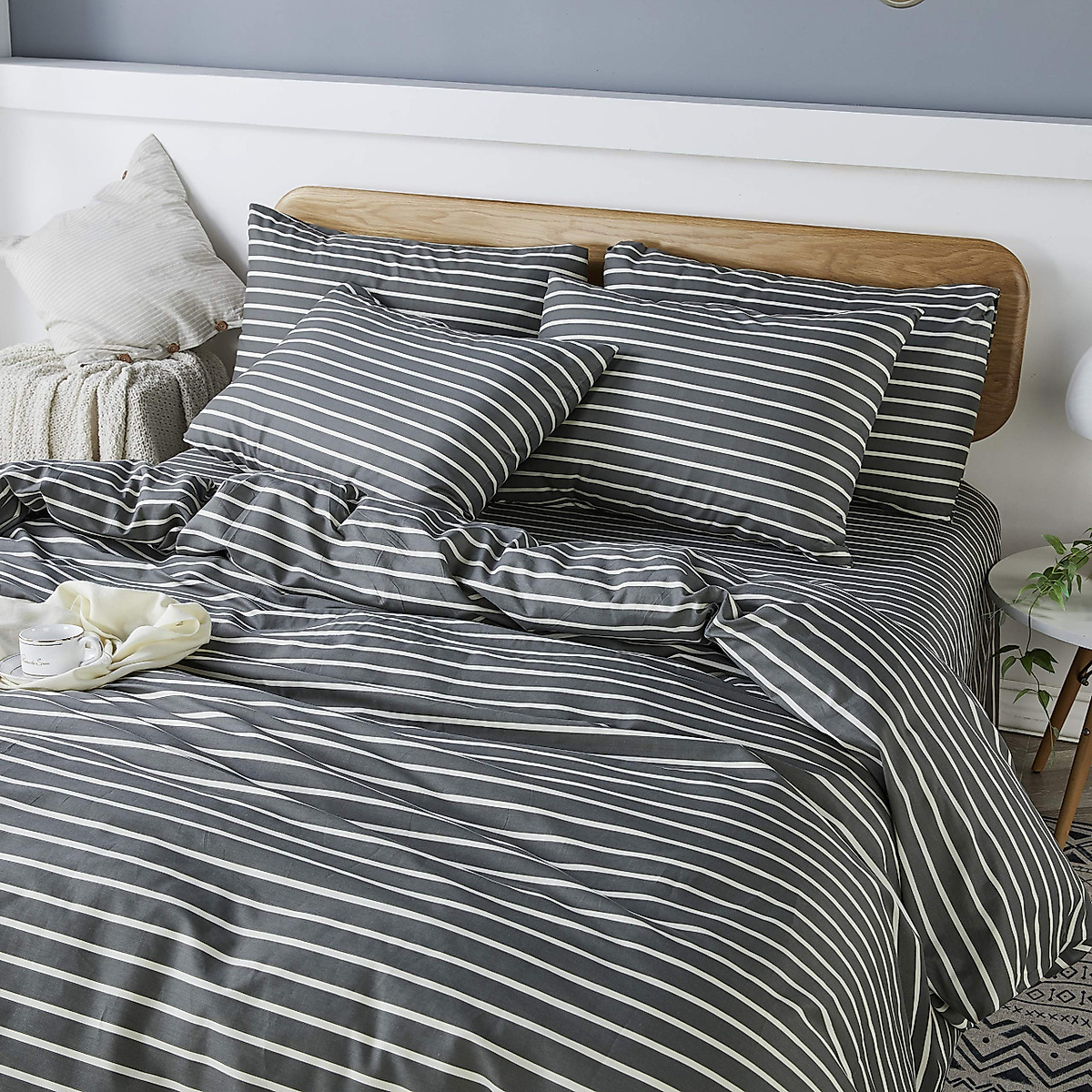 JELLYMONI 100% Natural Cotton 3pcs Striped Duvet Cover Sets, Dark Grey Duvet Cover with White Stripes Pattern Printed Comforter Cover, with Zipper Closure & Corner Ties(King Size)