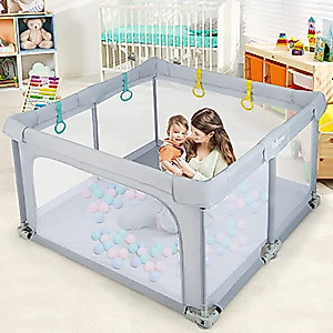 INFANS Baby Playpen Foldable, 50’’x50’’ Large Baby Playard for Toddlers with Gate, Soft Visible Mesh, Indoor Outdoor Kids Activity Center Baby Fence with 4 Handlers 50 Ocean Balls (Gray)