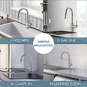 Kitchen Faucet with Pull Down Sprayer OUEN Brushed Nickel Modern Single Handle High Arc Pull Out Kitchen Sink Faucets with Deck Plate for Laundry RV Farmhouse, Brass Structure, 15.7" Height