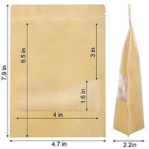 Stand Up Pouch Bags, 100 Pack Kraft Pouch with Tear Notch and Matte Window, Resealable Zip Lock Food Storage Bag (4.7IN X 7.9IN)