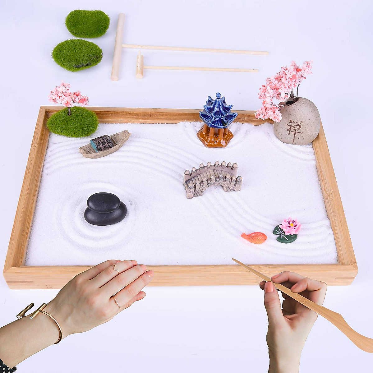 Japanese Zen Garden - Home & Office Desk Mini Garden with Rock Vase Fish Bridge Boat Cherry Trees - Meditation Gift Set for Relaxation - 3 Rake Tools and Zen Accessories (Rectangular)