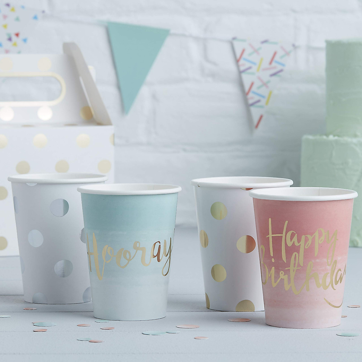 Ginger Ray Gold Foiled Mint Ombre Hooray! Party Paper Cups x8 - Pick and Mix