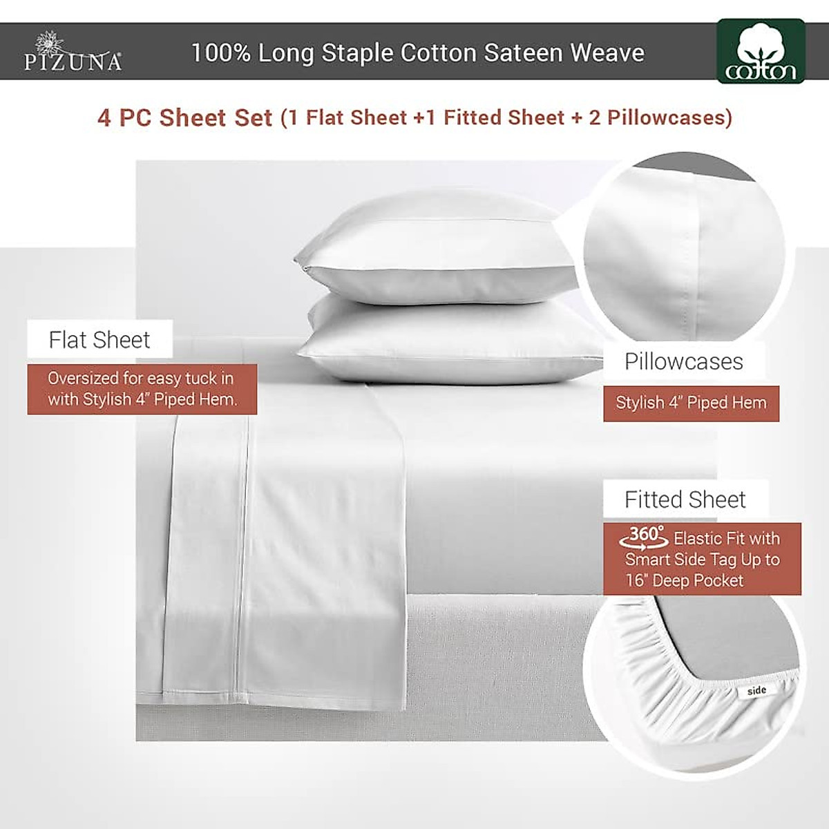 Pizuna 100% Cotton Sheets for Queen Size Bed White, 400 Thread Count Long Staple Combed Cotton, Sateen Cooling Sheets Queen, 15 Inch Deep Pocket Queen Sheets Set (White Cotton Bed Sheets Queen)