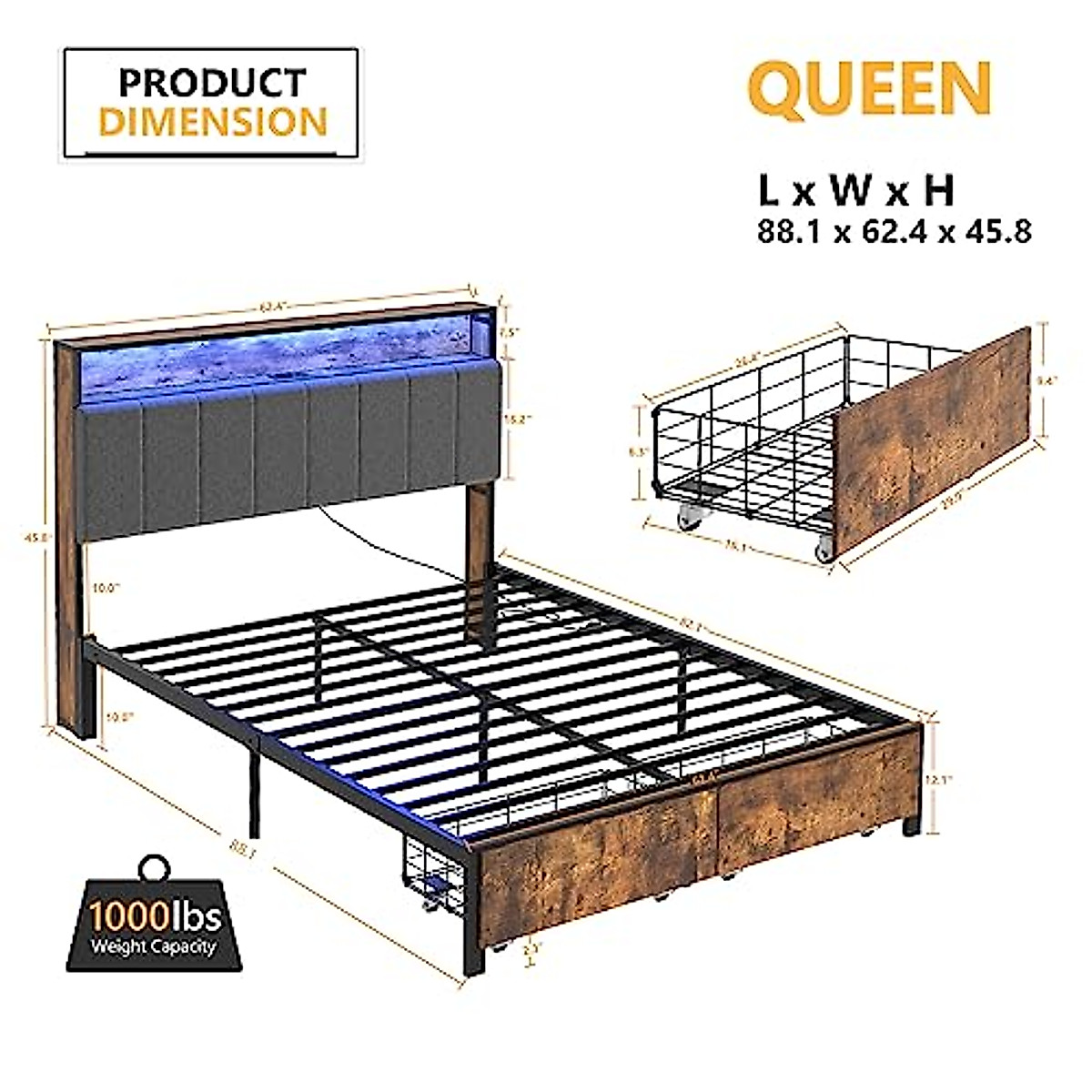 Meitewei Queen Bed Frame with Hidden Storage Headboard and 2 Drawers, LED Smart Bed Frame with Charging Station, Metal Platform Bed Frame Queen Size, No Box Spring Needed, Noise Free, Black