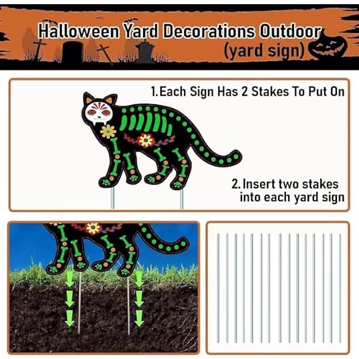 Halloween Decorations Outdoor Yard Signs, 5 Pcs Glow in the Dark Skeleton Cat, Halloween Yard Signs with Stakes for Lawn Garden Front Yard Decorations - Halloween Decor Outside