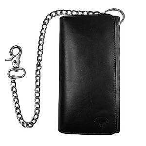 IBRO Motorcycle Chain Wallet for Men – 100% Natural Genuine Leather, Long Trifold RFID Blocking, Credit Card Money Organizer - Men’s Trucker Biker Metal Chain Wallets Black