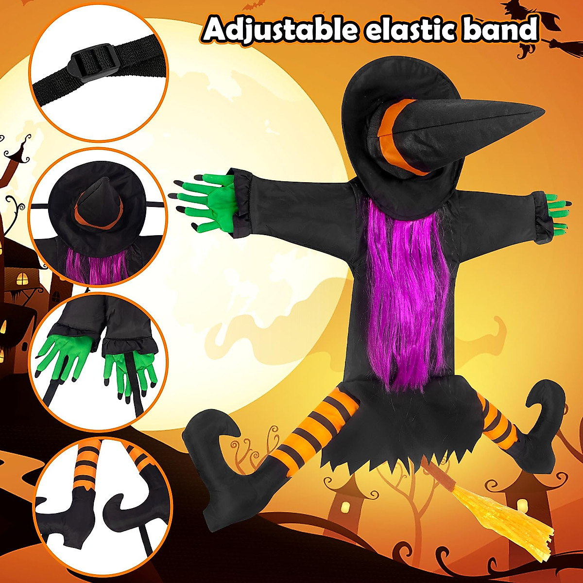 Y- STOP Nylon Crashing Witch, Halloween Decorations Outdoor Witch with Adjustable Band, Door Porch Tree Halloween Decor Props