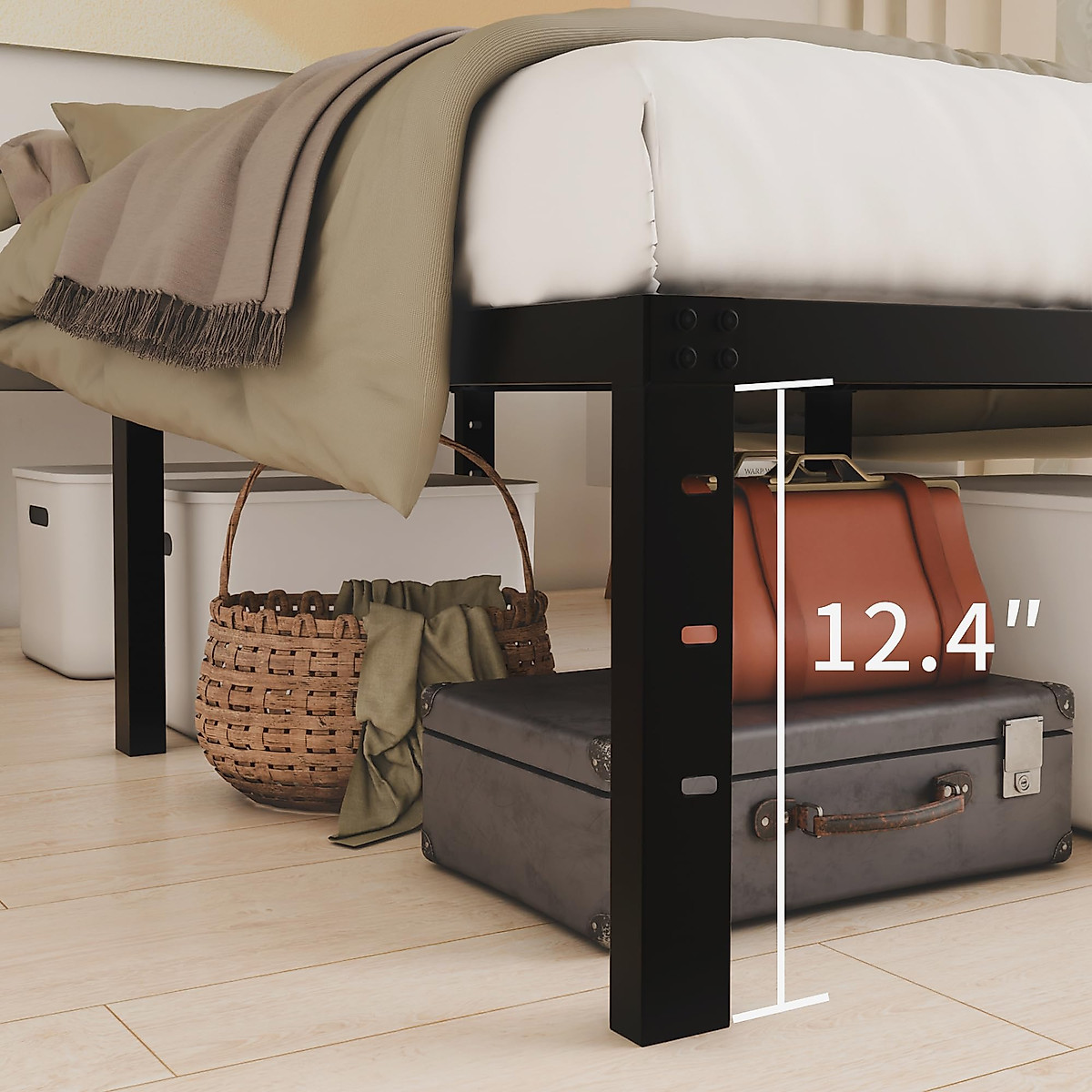 HOBINCHE 14 Inch Metal Bed Frame Queen Size No Box Spring Needed - Easy Assembly Heavy Duty Noise Free Narrow Bedframes - Double Black Basic Steel Slats Platform with Storage