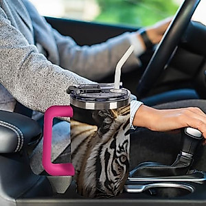 LLUTSNTH 40 Oz Vacuum Tumbler with Light Rose Red Handle Leakproof Insulated Tumbler Animal Tiger Stainless Steel Travel Mug with Lid And Straw Coffee Cup Cute Water Bottles Cup Holder Friendly
