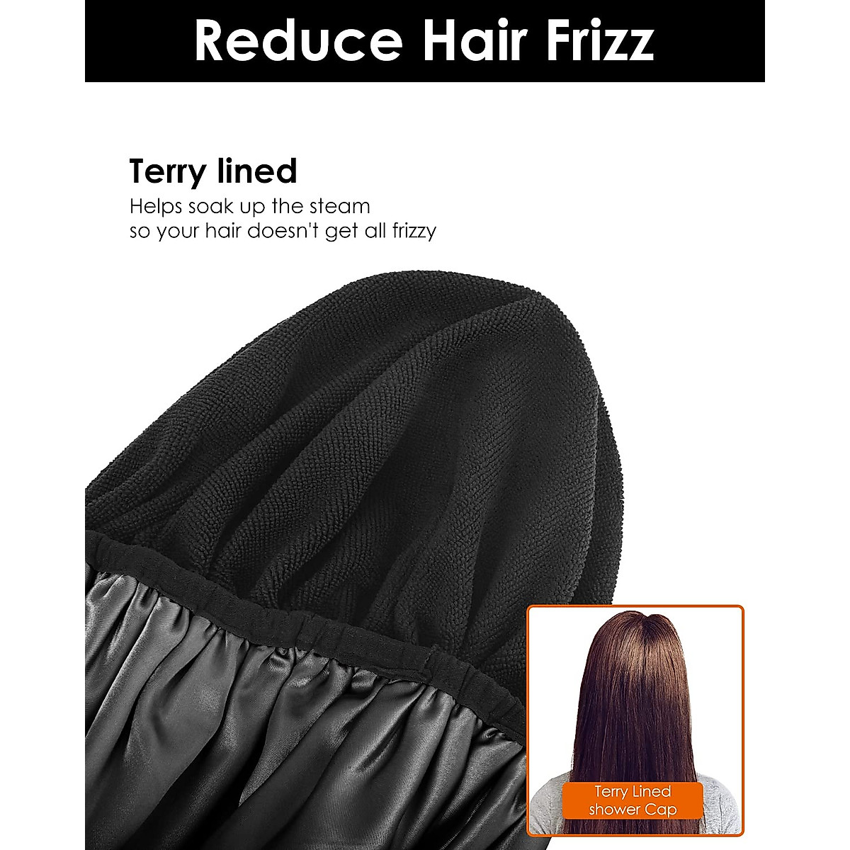 Aquior Shower Cap,Terry Lined Shower Cap for Women Reusable, Triple Layer Waterproof Bath Cap, Extra Large for Women Long Hair(Black)