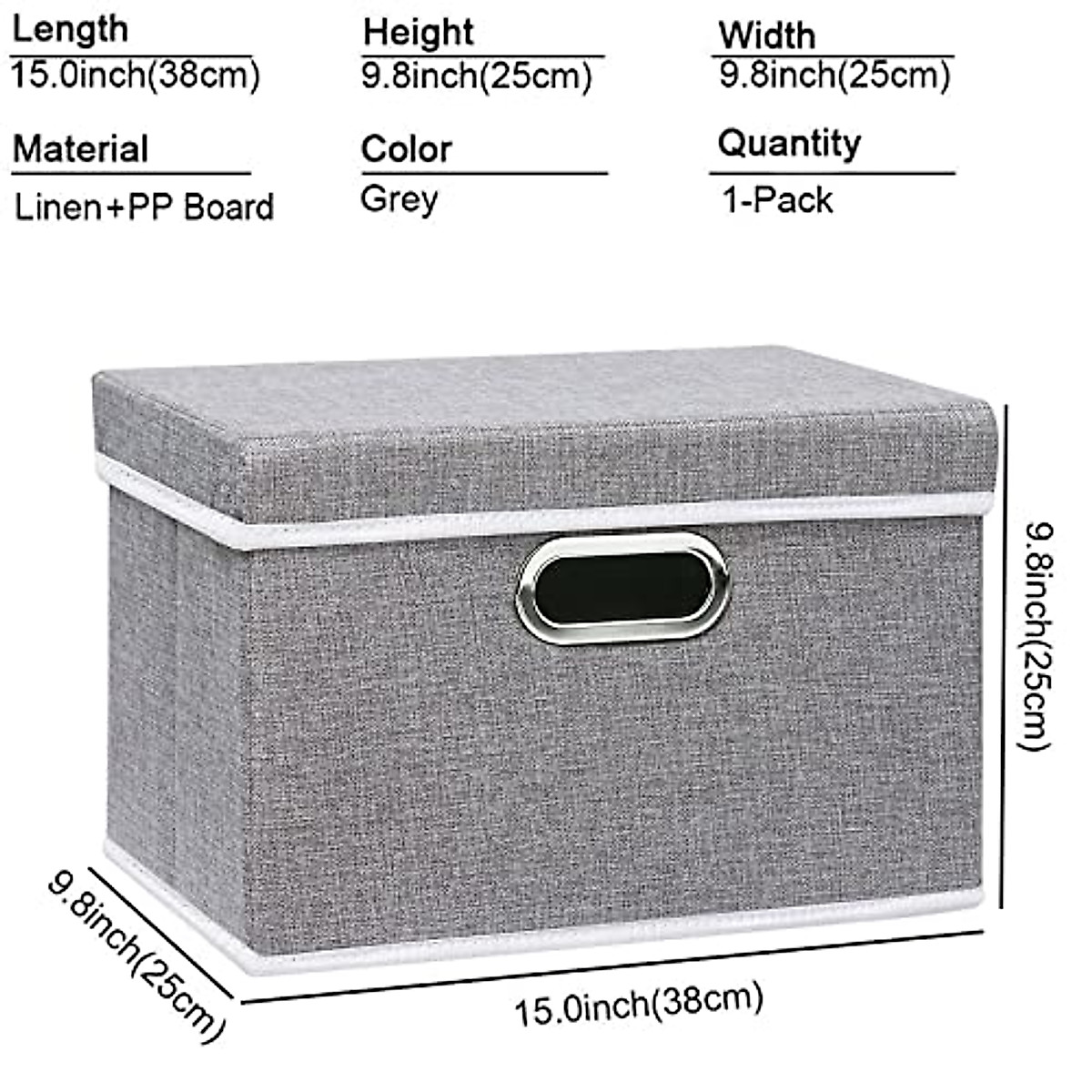 Yawinhe Collapsible Storage Box (1-Pack), 15x9.8x9.8in, Waterproof Storage Basket Bins, with Lids and 2 Handles, for Clothes, Closet Organizers and Storage Containers, Grey, USNK066GL-1