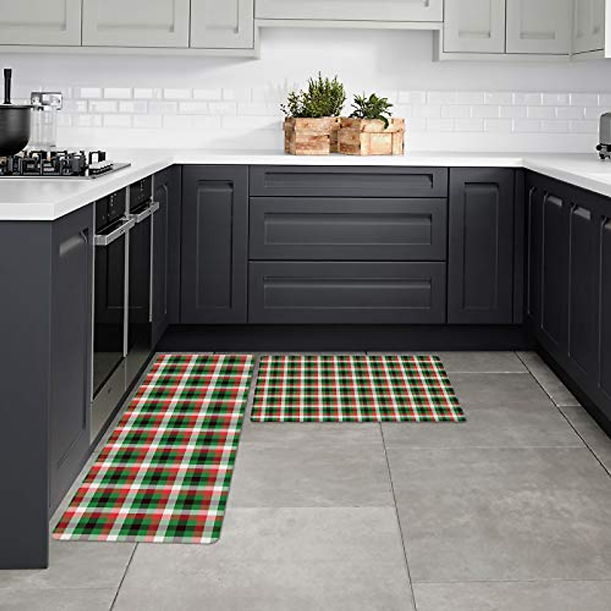 Merry Christmas 2 PCS Memory Foam Kitchen Mats, Water Absorbent Kitchen Rugs, Anti-Skid Kitchen Mat and Rug for Kitchen, Floor Home, Office, Laundry, Sink Red Green Plaid Geometric Tiled Texture