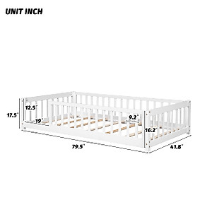 UOCFYK Toddler Twin Size Floor Bed with Fence for Kids,Solid Wood Bedframe,Easy to Assemble, No Box Spring Needed,White