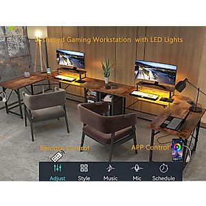 SZXKT L Shaped Gaming Desk with Power Outlets and Monitor Stand, Computer Desk with LED Lights,Home Office Desks Large Writing Study Table Workstation with Hooks Desk for Bedroom, Rustic Brown
