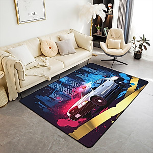 Police Car Area Rug 3x5 Cartoon Police Van Carpet for Teens Boys,Policeman Vehicle Car Accent Rug Set Red Blue Cop Lights Truck Rug Emergency Strobe Light Decor for Bedroom Playroom Living Room