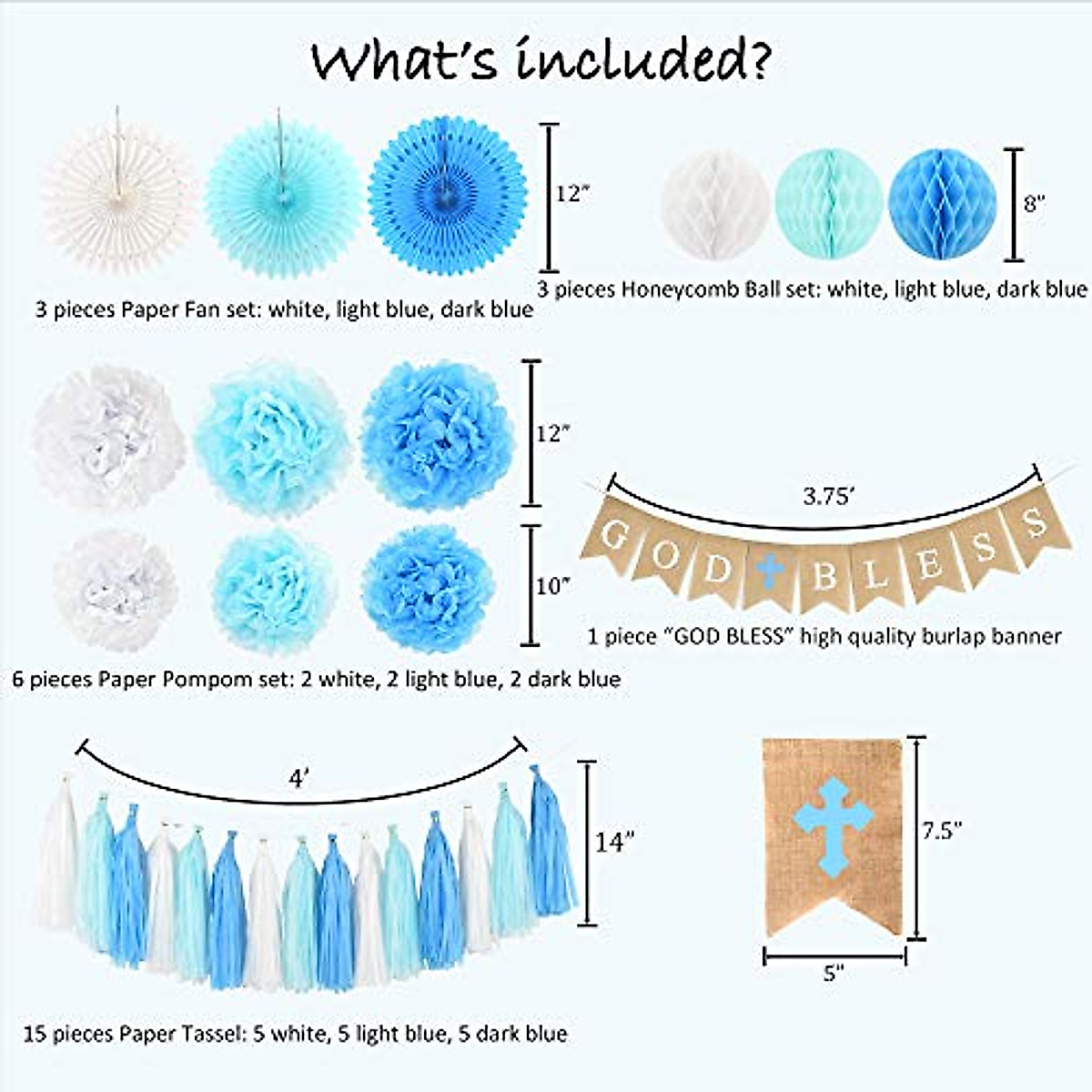 Baptism Decorations for Boy - First Communion Decor - God Bless High Quality Burlap Banner With Blue Cross, Honeycomb, Paper fan, Paper Tassel, Pompoms - Bautizo Decorations By Antsik'Aby