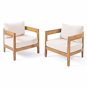 Christopher Knight Home 312395 Alfy Outdoor Club Chair with Cushions (Set of 2), Teak Finish, Beige