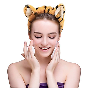 OSOPLAY 2 PCS Women Animal Ear Tiger Print Fuzzy Hairband Makeup Headband Elastic Stretch Head Wrap for Skincare Spa