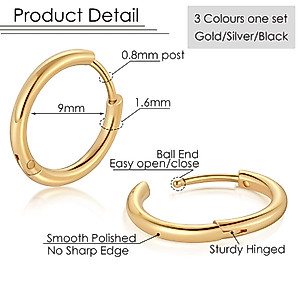Hypoallergenic Small Hoop Earrings for Women Men Huggie Tiny Hoop Earrings Sets for Cartilage Tragus Titanium Surgical Steel Gold Silver Black Color 20G 9mm Inside Diameter