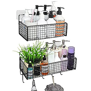 Livabber Adhesive Shower Caddy Basket Shelf with Hooks, All Metal Bathroom Organizer Shelf Rustproof Storage Basket No Drilling Wall Mounted, 2-in-1 Space Saving Kitchen Spice Racks, 2 Pack, Black