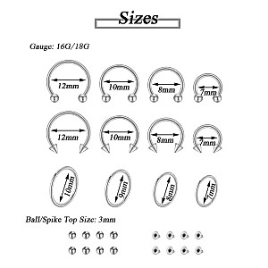 LOREMOW 24Pcs 18G 16G Stainless Steel Septum Nose Rings Horseshoe Nose Hoops for Men Women Lip Ring Cartilage Tragus Helix Daith Earrings Septum Piercing Jewelry Replacement Balls Spikes 16G GS