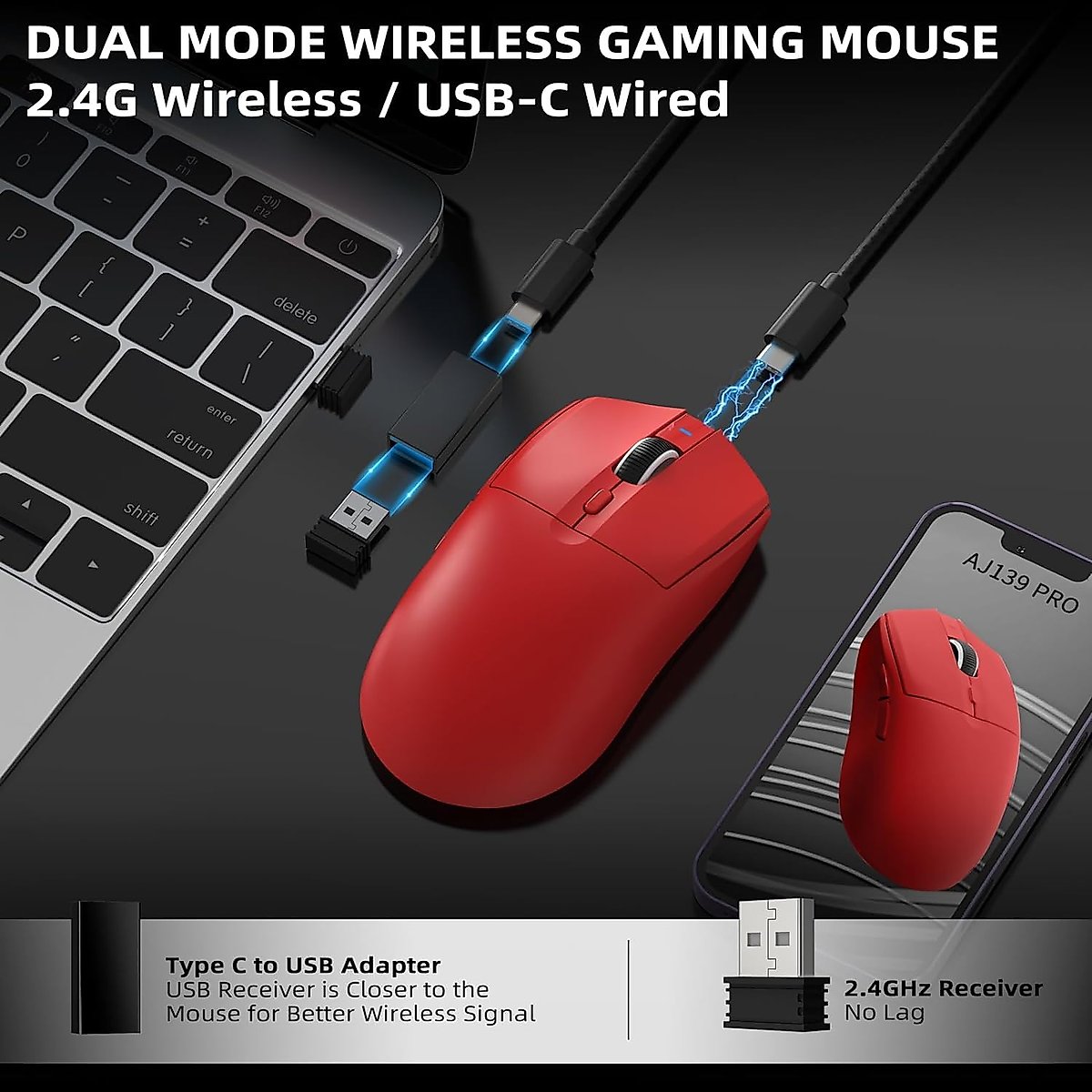 A.JAZZ AJ139 G Pro Wireless Gaming Mouse Ultra-Lightweight 59g with Dual Mode-Type C Wired/2.4Ghz USB Receiver up to 26000DPI 6 Programmable Button Ergonomic Symmetric for PS4 Xbox PC Mac Gamer(Red)