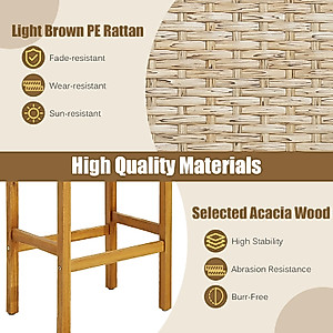 COSTWAY Outdoor Bar Stools Set of 2, 30-inch Height Backless Bar Chairs with Acacia Wood Frame, PE Wicker Saddle Seat, Footrest, Patio 2-Pack Bar High Stools for Garden Porch Poolside Backyard