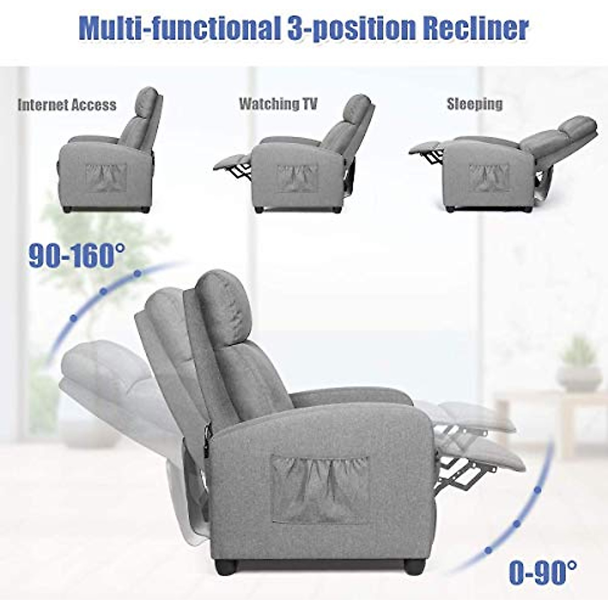 Moccha Massage Recliner Chair, Ergonomic Adjustable Single Sofa with Padded Seat, Backrest, Footrest, Reclining Sofa with Remote Control, Modern Massage Recliner for Living Room, Home, Office (Gray)