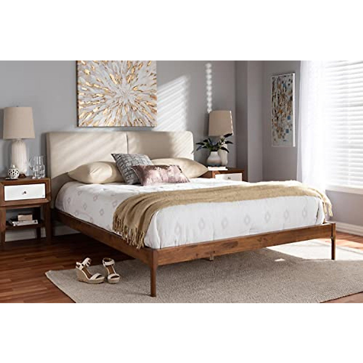 Baxton Studio Aveneil Mid-Century Modern Beige Fabric Upholstered Walnut Finished King Size Platform Bed