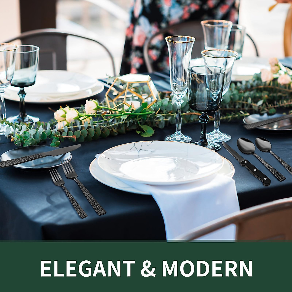 Black Hammered Silverware Set, 24-Piece Stainless Steel Square Flatware Set with Steak Knives for 4, Food-Grade Tableware Cutlery/Utensil Sets for Home Restaurant, Mirror Finish, Dishwasher Safe