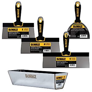DEWALT Stainless Steel Taping Knife & Mud Pan Set + FREE BONUS 6" Soft Grip Putty Knife | 8/10/12" Blades + 14" Mud Pan | Soft Grip Handles | DXTT-3-174
