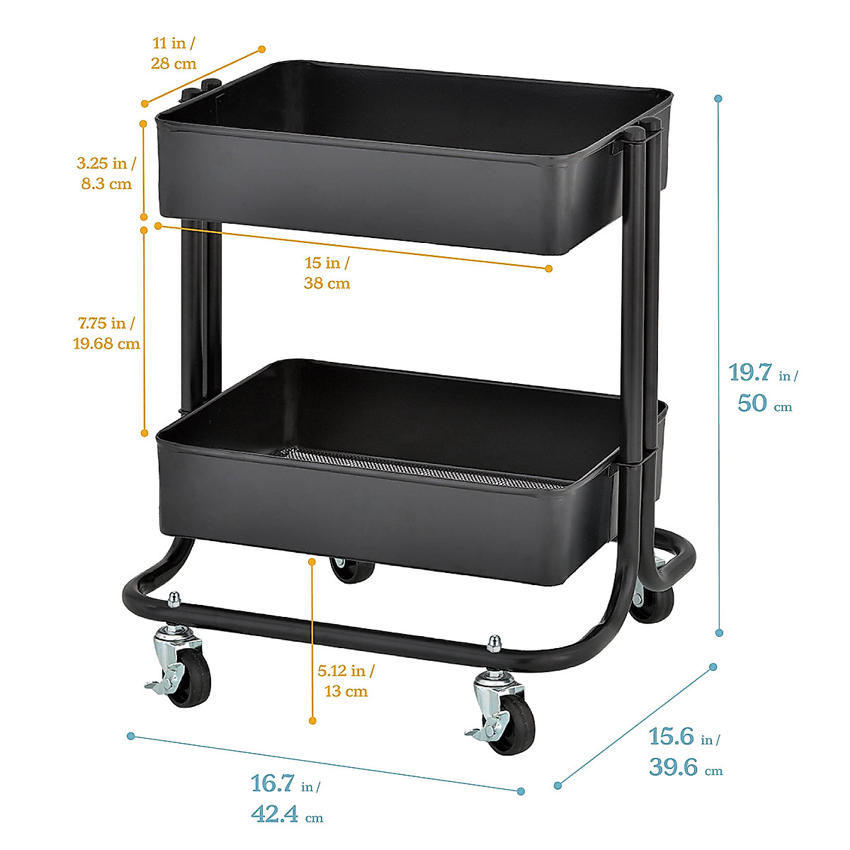 ECR4Kids 2-Tier Rolling Utility Cart, Multipurpose Storage, Black