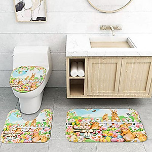 Likiyol 4 Pcs Easter Shower Curtain Sets with Non-Slip Rugs, Toilet Lid Cover and Bath Mat, Bunny Rabbit Shower Curtain with 12 Hooks, Spring Floral Easter Bathroom Set