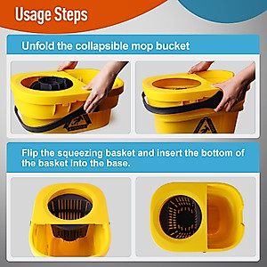CLEANHOME Collapsible Mop Bucket on Wheels for Industrial Mop Cleaning, Side Press Wringer Combo Commercial Cleaning Caddy Plastic, Suitable for Wet mop,Sponge Mop,Grey
