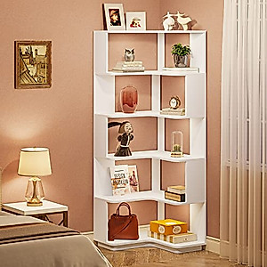 LITTLE TREE Corner Bookshelf, 64.9 Inch Tall Bookcase with Anti-Drop Panel, Modern Freestanding Corner Shelf Display Rack Storage Organizer for Home Office, Living Room, White