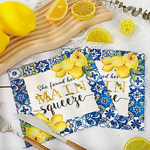 AnyDesign 80 Pack Lemon Luncheon Napkins Disposable She Found Her Main Squeeze Paper Decorative Napkins Blue Tiles Print Dessert Dinner Hand Napkin for Buffet Party Supplies Decoration, 6.5 x 6.5 In
