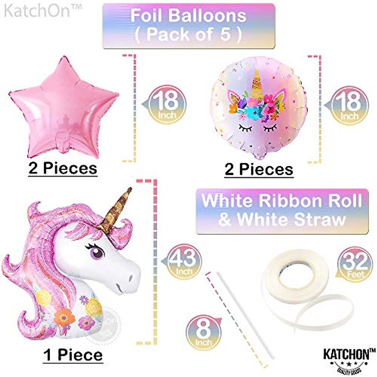 KatchOn, Unicorn 5th Birthday Decorations Girl - Glitter Five Banner, Number 5 Balloon 40 Inch | Giant Unicorn Balloons, 43 inch | Unicorn Decorations for Birthday Party | Unicorn Party Decorations