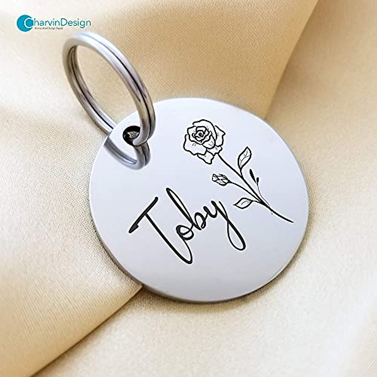 Engraving Pet ID Tags, Personalized Pet ID Tags Birth Flower, Stainless Steel Pet ID Tags, Custom Engraved Dog and Cat Tags, Double Sided, Round Stainless Steel - Made in USA