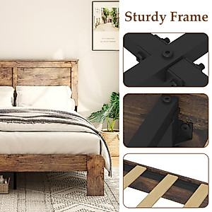 DWOYFO Wood Platform Bed Frame, Queen Size Bed Frame with Headboard and Wood Slat Support, Easy Assembly, No Box Spring Neede, Dark Brown