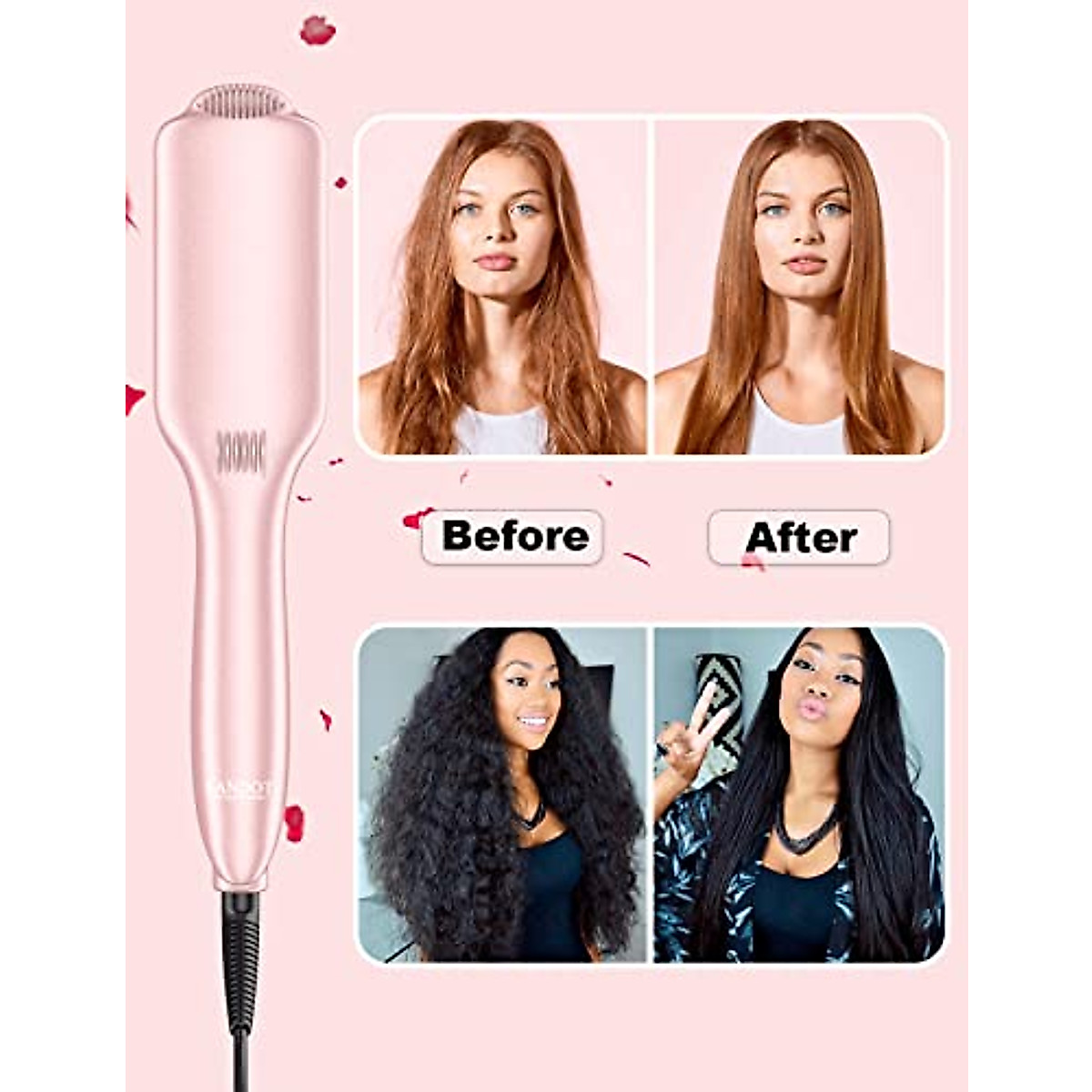 LANDOT Hair Straightener Brush Heated Straightening Brush: Negative Ion Hot Hair Brush for Smooth Frizz-Free Hair - Ceramic Flat Iron Brush - Dual Voltage Fast Heating Rose Gold