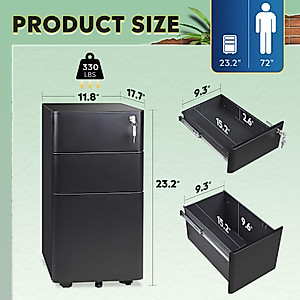 DEVAISE 3-Drawer Slim File Cabinet, Vertical Filing Cabinet, Fully Assembled Except Casters, Black