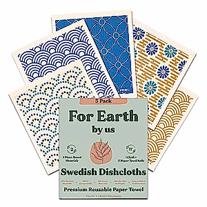 FEBU Swedish Dishcloths for Kitchen | 5 Pack Japanese Pattern Swedish Dish Towels | Reusable Paper Towels Washable | Non-Scratch Cellulose Sponge Cloths | No Odor, Biodegradable, Swedish Cloths