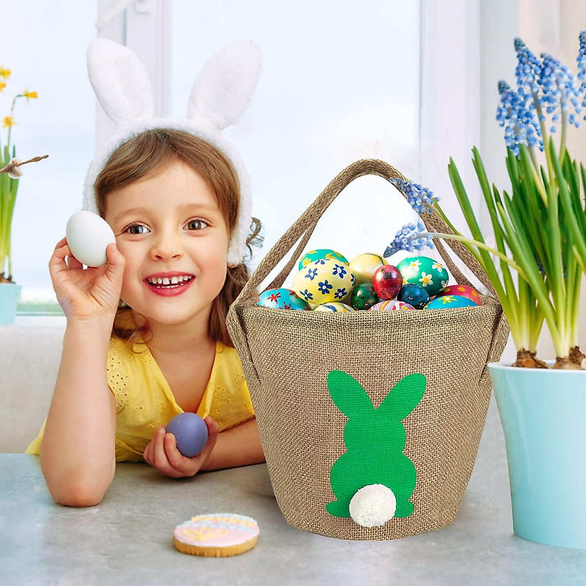 Leesgel Easter Baskets for Kids, Bunny Basket Easter Egg Hunt Baskets, Rabbit Buckets Large Easter Basket Gifts Bags for Boys Girls （Green)