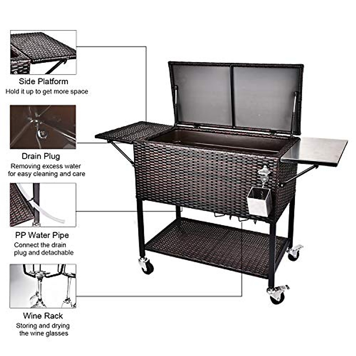 Top Union 80 Quart Rattan Rolling Cooler Cart, Portable Wicker Cooler Trolley, Backyard Party Drink Beverage Bar, Ice Chest with Wheels (Brown)